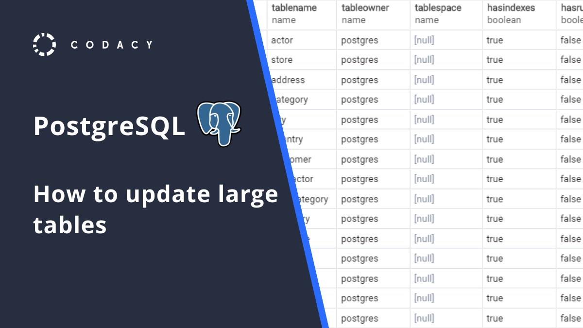 PostgreSQL: How to update large tables - in Postgres | Codacy | Tips